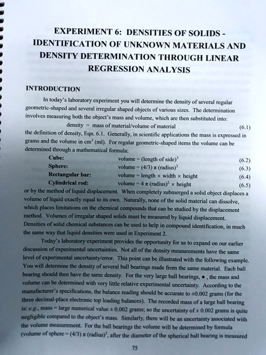 experiment 6 densities of solids identification of unknown materials and density determination ...