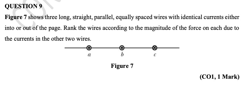 QUESTION 9 Figure 7 shows three long, straight, parallel, equally ...