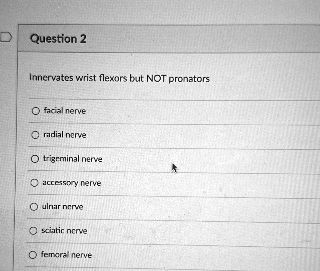 Question 2 Innervates wrist flexors but NOT pronators - facial nerve ... Question 2 Innervates wrist flexors but NOT pronators - facial nerve ...