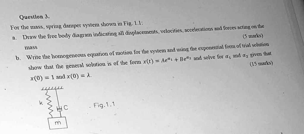 Question 3. For the mass, spring damper system shown in Fig. 1.1: a ...