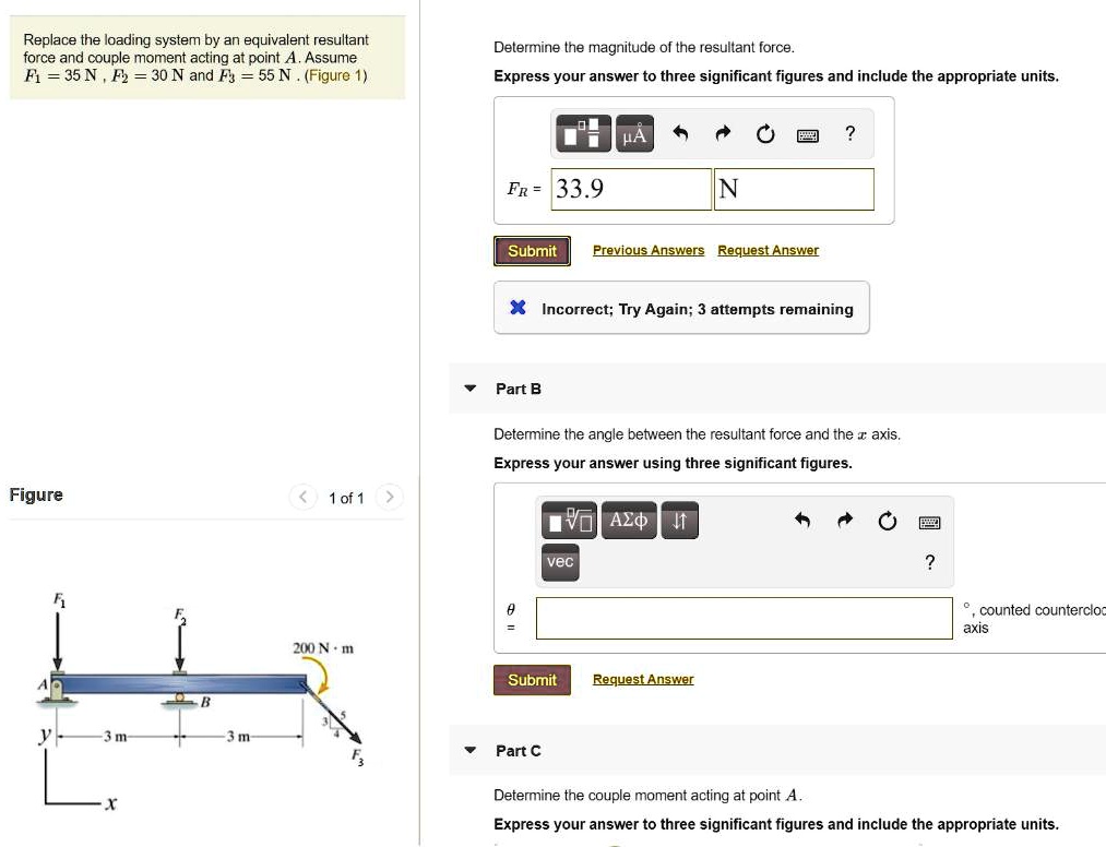 replace the loading system by an equivalent resultant force and couple moment acting at point ...