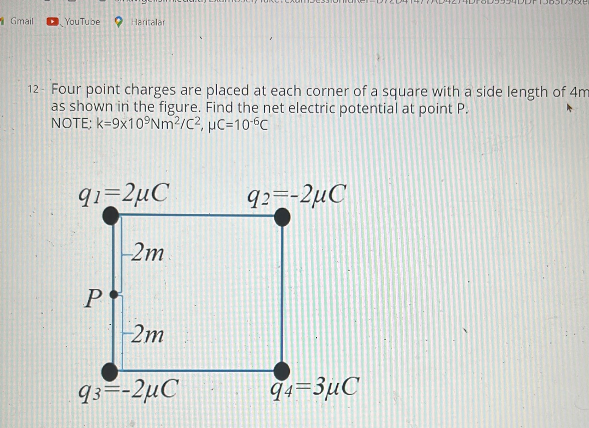 12. Four point charges are placed at each corner of a square with a ...