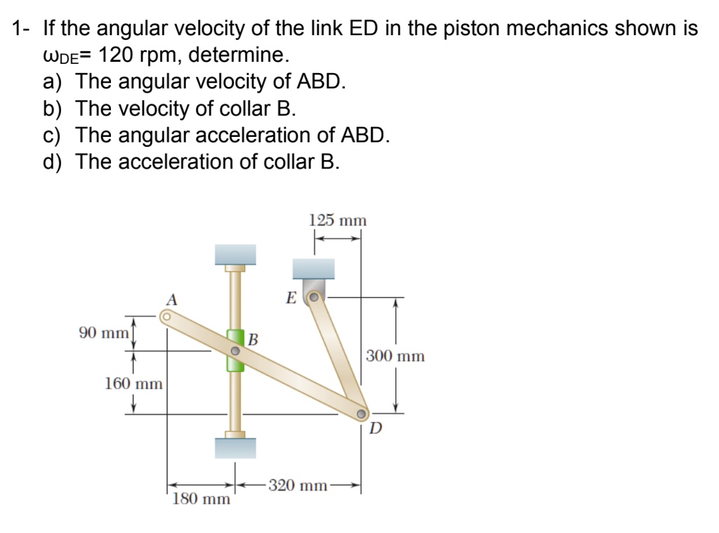 1- If the angular velocity of the link ED in the piston mechanics shown is ωDE= 120 rpm ...