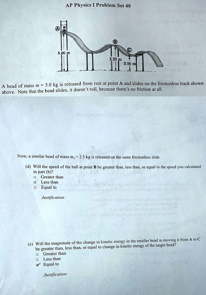 ap physics i problem set 40 a bead of mass m 50 kg is released from rest at point a and slides ...