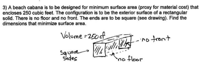 SOLVED: Texts: calc 3 3A beach cabana is to be designed for minimum ...