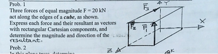 Prob. 1 Three forces of equal magnitude F = 20 kN act along the edges of a cube, as shown ...
