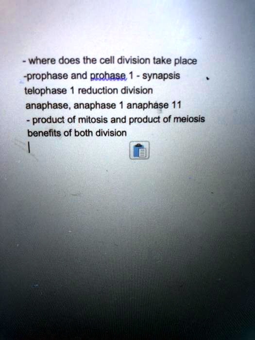 SOLVED: Where does cell division take place? Prophase and prophase 1 ...