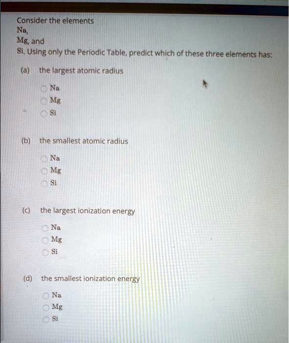 SOLVED: Consider the elements Na, Mg, and Si. Using only the Periodic Table, predict which of ...