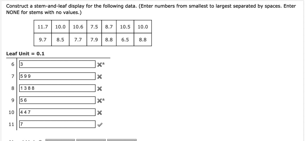SOLVED: Texts: Construct a stem-and-leaf display for the following data. (Enter numbers from ...