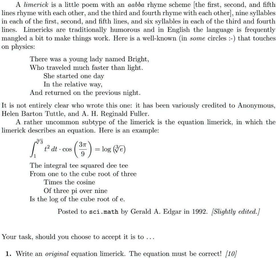 SOLVED:limerick is a little poem with an aabba rhyme scheme [the first ...