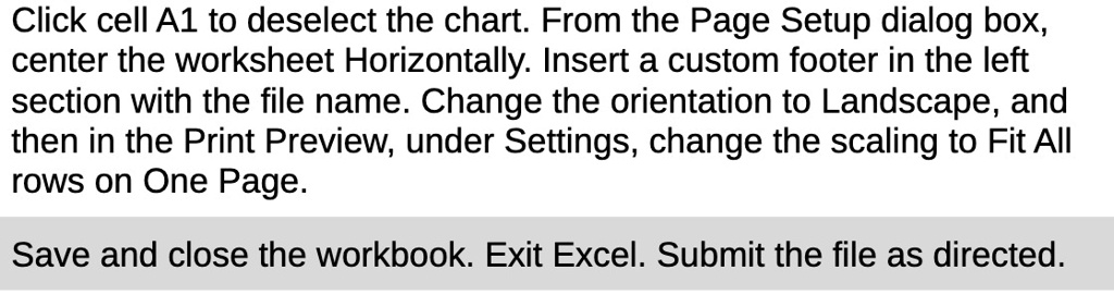 'Click cell A1 to deselect the chart: From the Page Setup dialog box ...