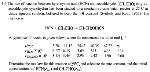 4 6 the rate of reaction between hydrocyanic acid hcn and acetaldehyde ...