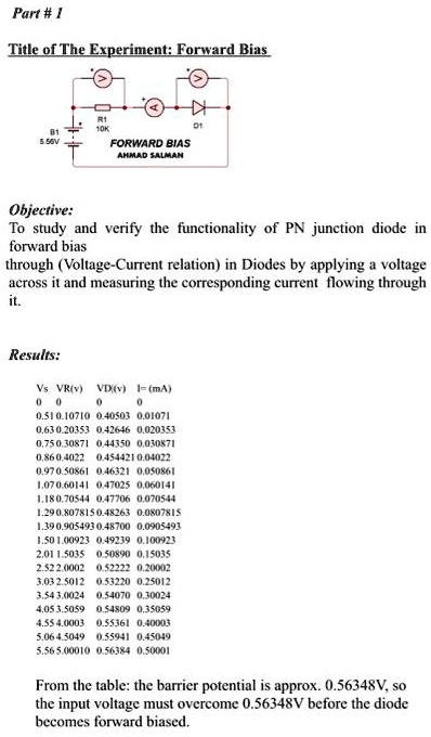 SOLVED: Part#1 Title of The Experiment: Forward Bias Rt 10K 01 FORWARD BIAS ANMAD SALMAN 5.56V ...