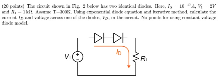 (20 points) The circuit shown in Fig. 2 below has two identical diodes. Here, Is = 10^-17A, V1 ...