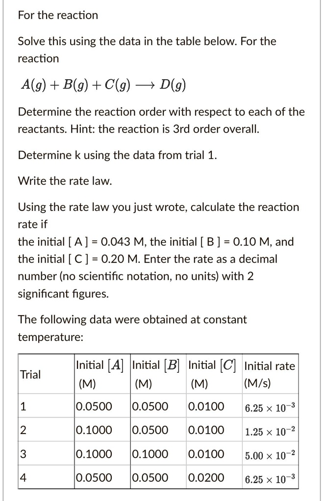 SOLVED: For the reaction Solve this using the data in the table below: For the reaction A(g) + B ...