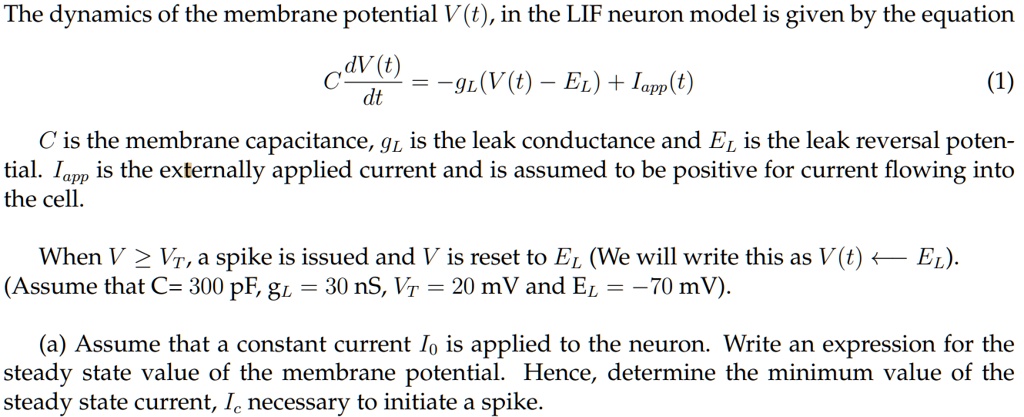 the dynamics of the membrane potential vt in the lif neuron model is given by the equation ap ...