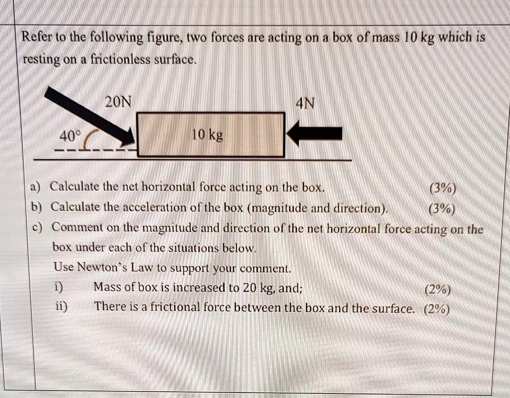 SOLVED: Refer to the following figure, two forces are acting on a box of mass 10 kg which is ...
