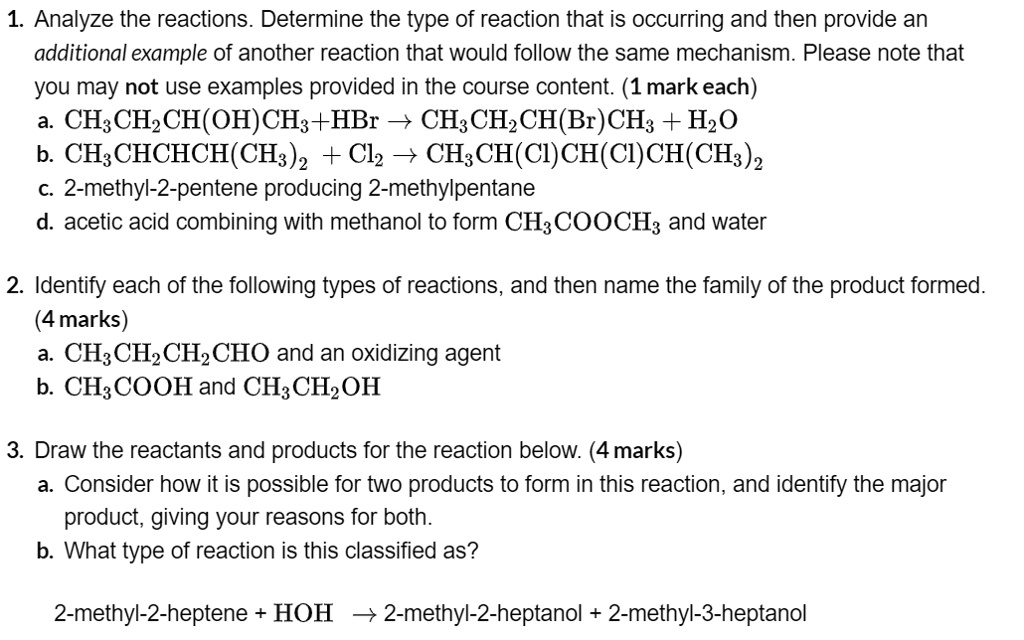 SOLVED: 1. Analyze the reactions. Determine the type of reaction that is occurring and then ...