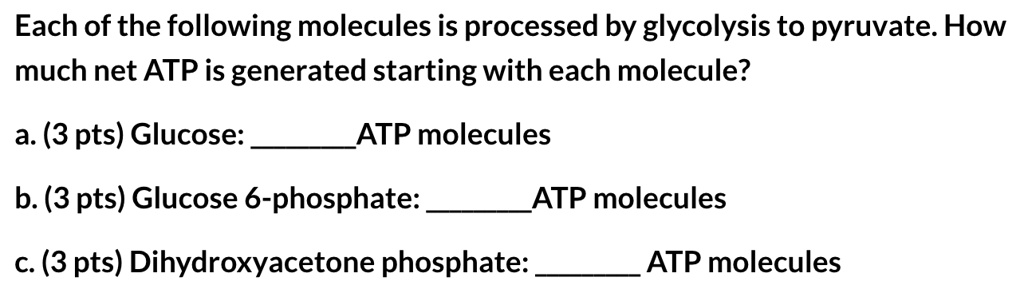 SOLVED: Each of the following molecules is processed by glycolysis to pyruvate: How much net ATP ...