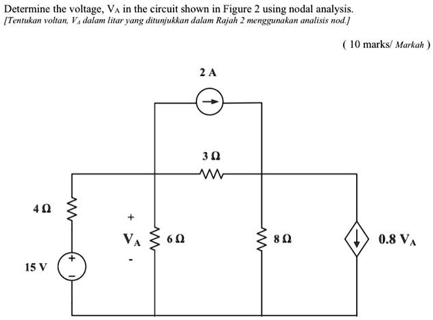 SOLVED: Determine the voltage, VA, in the circuit shown in Figure 2 using nodal analysis.
