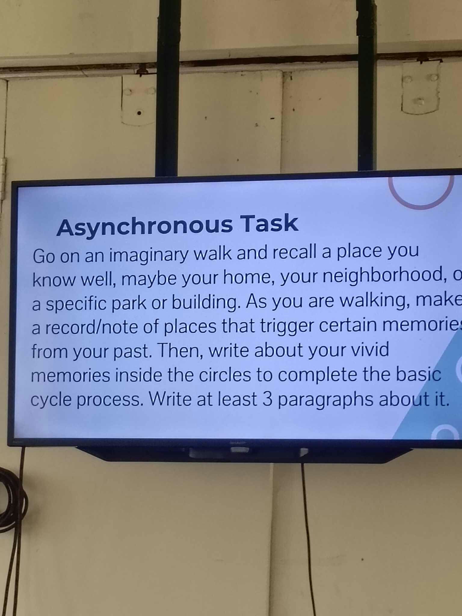 SOLVED: Asynchronous Task Go on an imaginary walk and recall a place you know well, maybe your ...