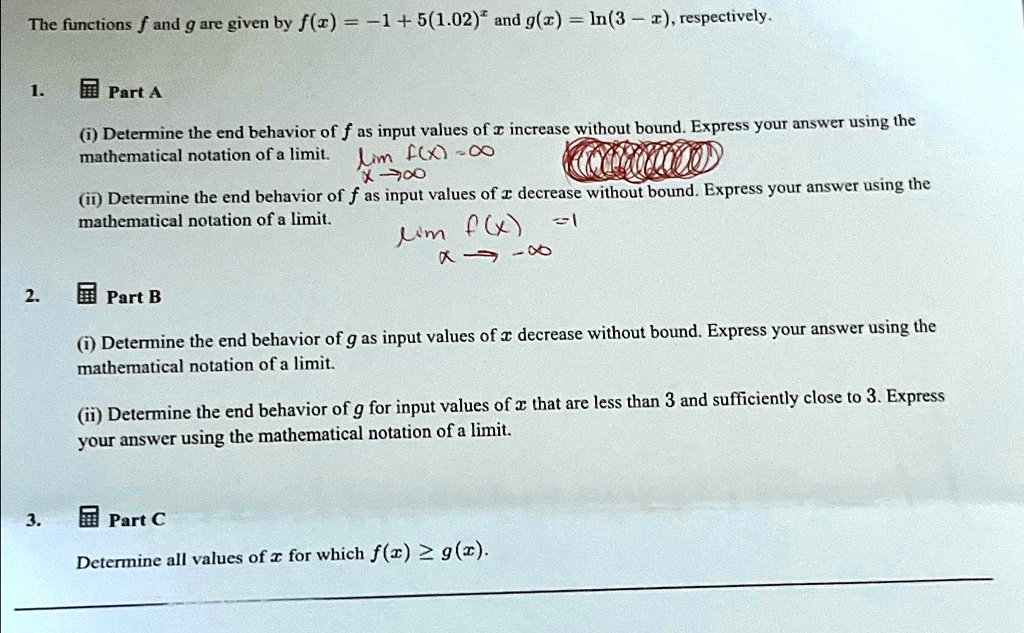 The functions f and g are given by f(x) = -1 + 5(1.02)^x and g(x) = ln(3 - x), respectively. 1 ...