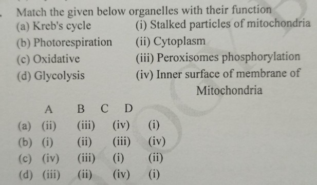 SOLVED: Match the given below organelles with their function (a) Kreb's ...