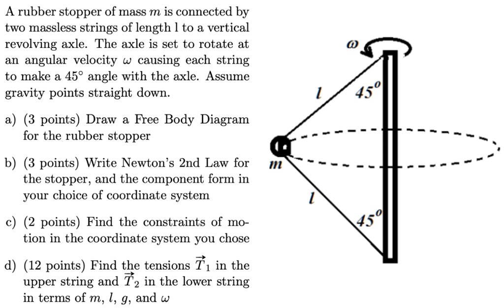 A rubber stopper of mass m is connected by two massless strings of ...