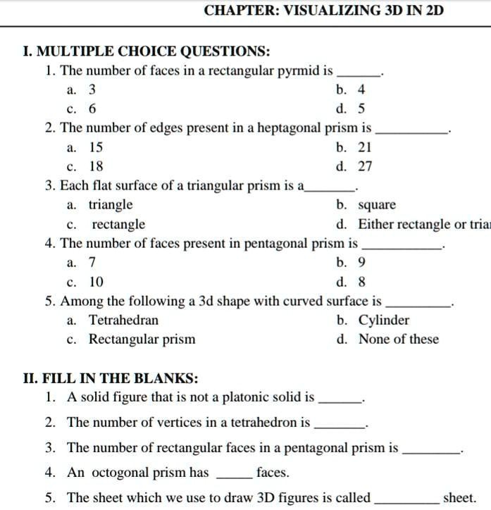 CHAPTER: VISUALIZING 3D IN 2D I. MULTIPLE CHOICE QUESTIONS: 1. The ...