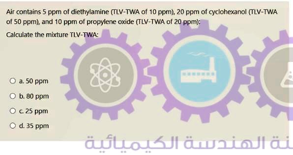 Air contains 5 ppm of diethylamine (TLV-TWA of 10 ppm), 20 ppm of ...