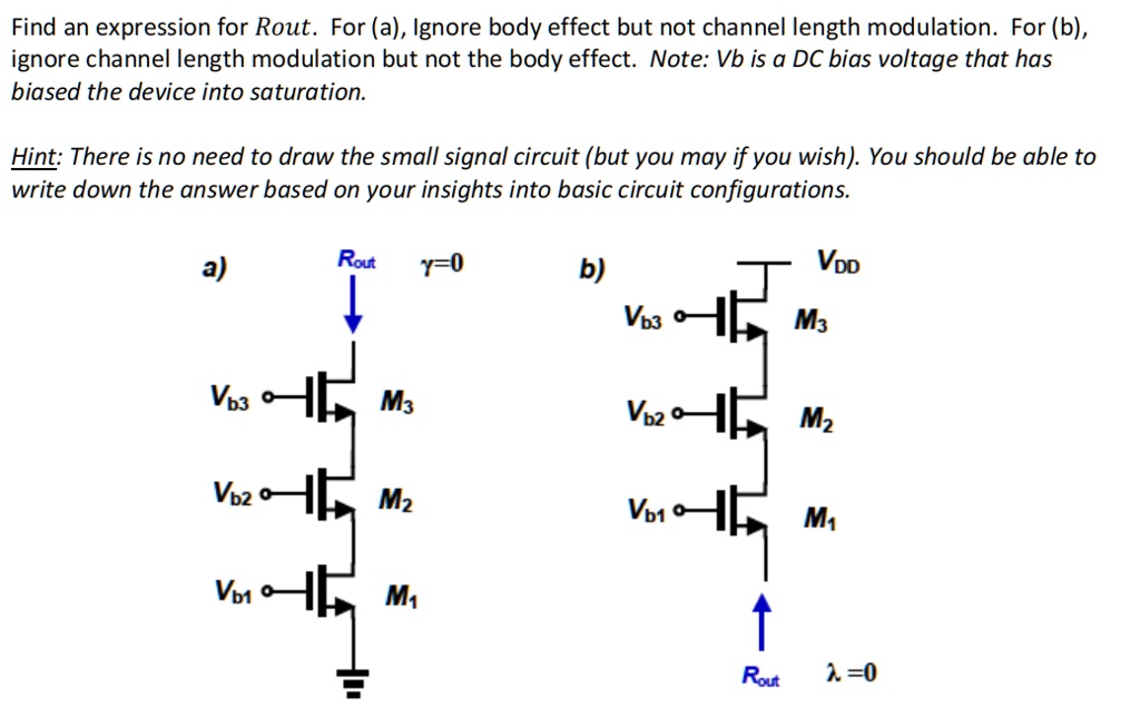Find an expression for Rout. For (a), Ignore body effect but not channel length modulation. For ...