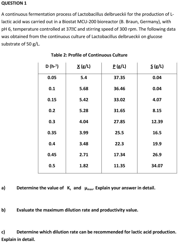 SOLVED: A continuous fermentation process of Lactobacillus delbrueckii ...
