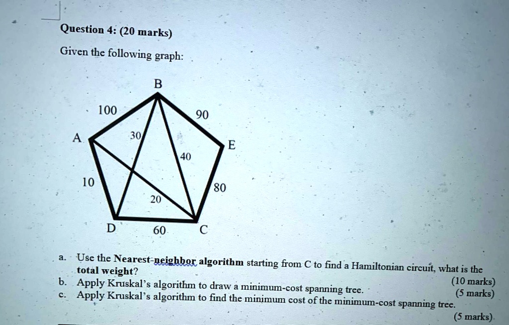 SOLVED:Question 4: (20 marks) Given the following graph: B 100 90 30 40 ...