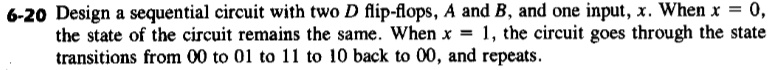 SOLVED: Problem 6-20 Design a sequential circuit with two D flip-flops, A and B, and one input ...