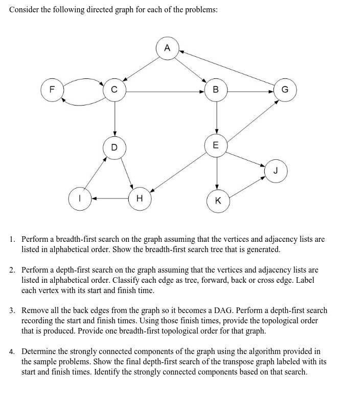 SOLVED: Consider the following directed graph for each of the problems: Perform a breadth-first ...