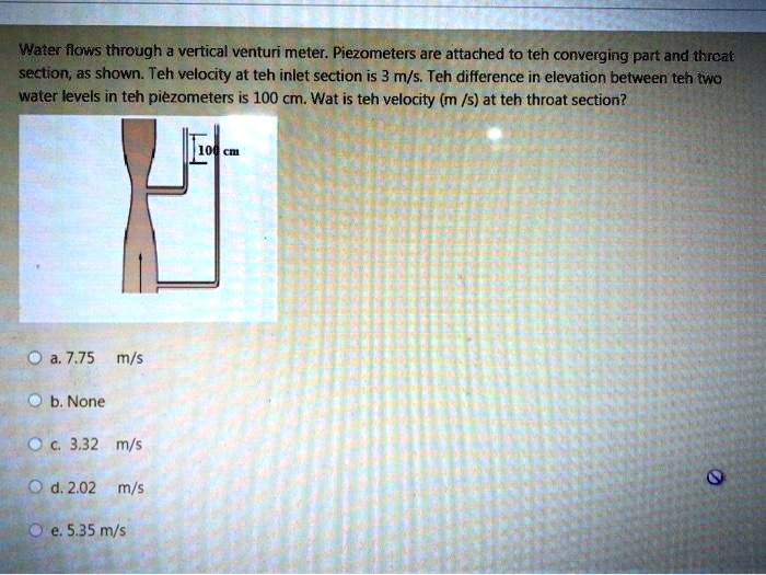 SOLVED: Water flows through a vertical venturi meter. Piezometers are ...