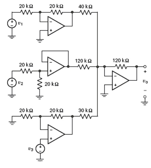 SOLVED: The circuit below with ideal op-amps has three inputs: v1, v2, and v3. The output of the ...