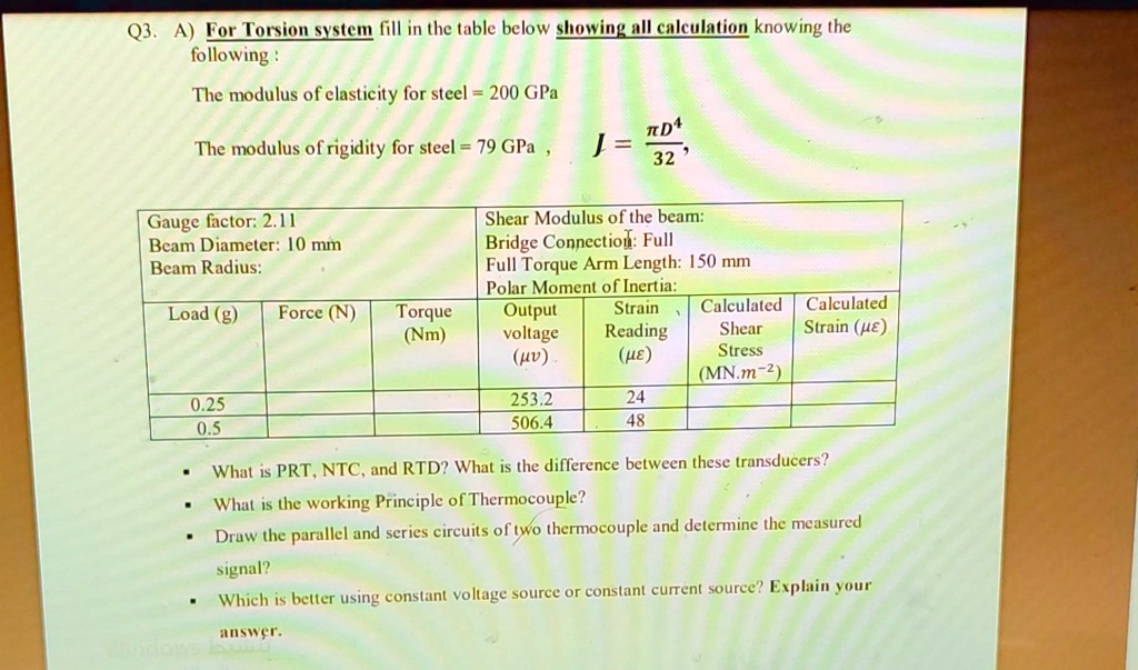 SOLVED: Q3. For a Torsion system, fill in the table below showing all calculations knowing the ...