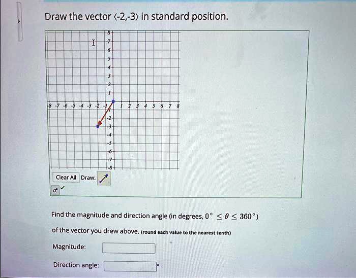 SOLVED: Draw the vector (-2, -3) in standard position. Clear All Draw. Find the magnitude and ...
