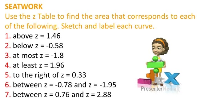 SOLVED: SEATWORK Use the z Table to find the area that corresponds to each of the following ...