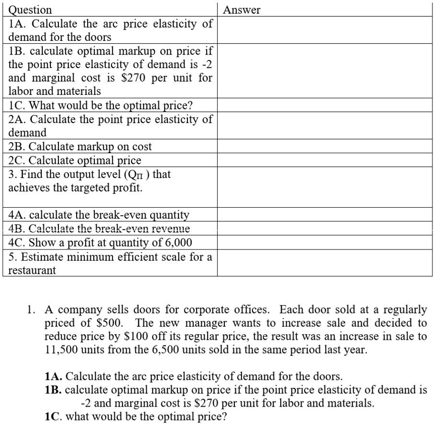 SOLVED: A. Calculate the arc price elasticity of demand for the doors ...