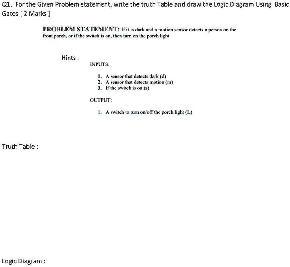 Q1 For The Given Problem Statementwrite The Truth Table And Draw The Logic Diagram Using Basic 6658