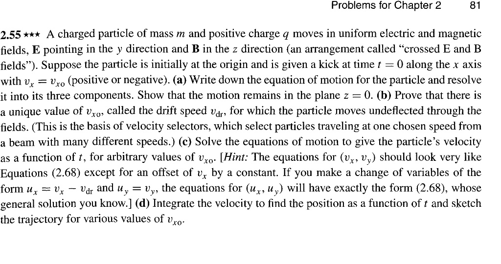SOLVED: Problems for Chapter 2 81 2.55 *** A charged particle of mass m and positive charge q ...