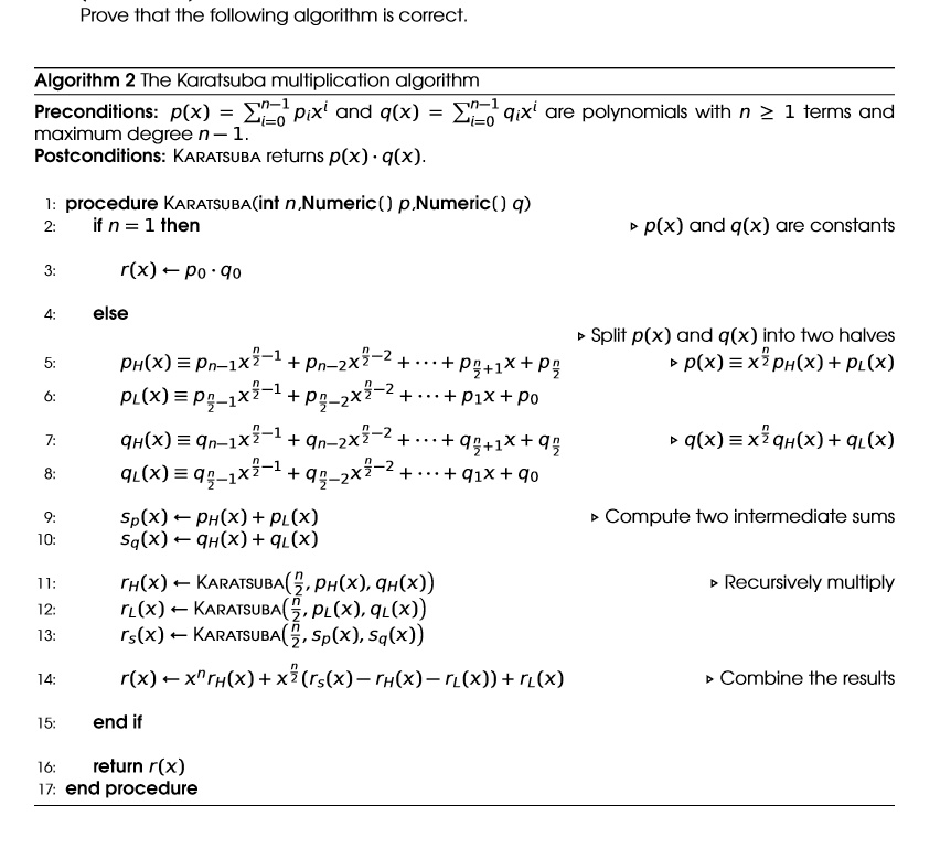 Solved Text Prove That The Following Algorithm Is Correct Algorithm 2 The Karatsuba