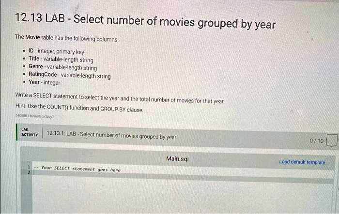 12.13 LAB - Select number of movies grouped by year The Movie table has ...