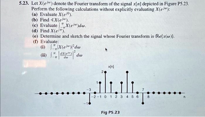 SOLVED: Texts: 5.23. Let X(e^jω) denote the Fourier transform of the signal x[n] depicted in ...