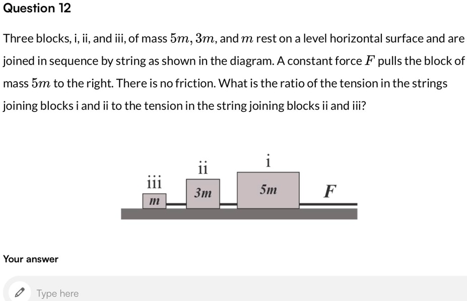 Question 12 Three blocks, i, ii, and iii, of mass 5m, 3m, and m rest on a level horizontal ...