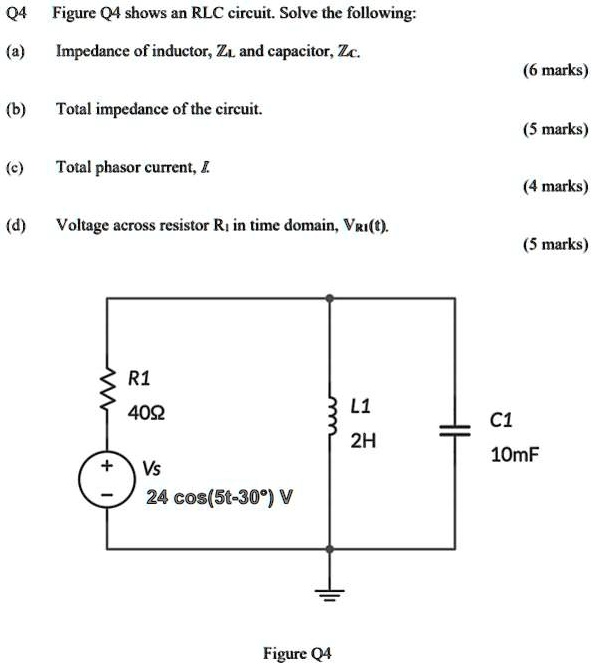 Q4 Figure Q4 shows an RLC circuit. Solve the following: (a) Impedance of inductor, ZL and ...