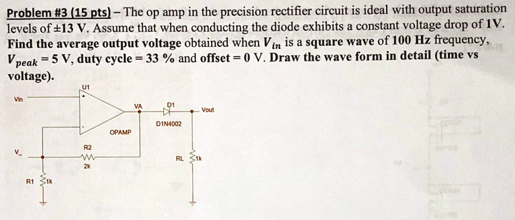 SOLVED: Problem #3 (15 pts) -The op amp in the precision rectifier circuit is ideal with output ...