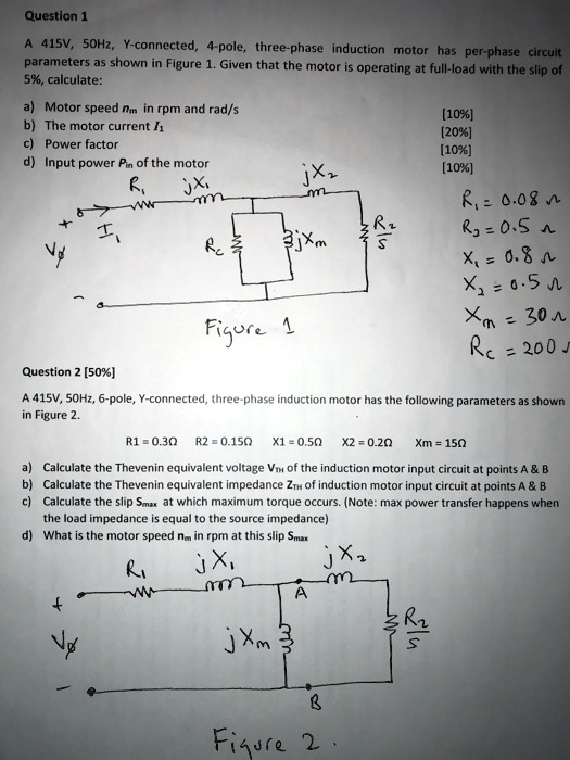 Question 1 A 415V, 50Hz, Y-connected, 4-pole, three-phase induction motor has per-phase circuit ...